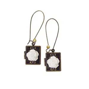 POPORCELAIN Classic Porcelain Rose On Vintage Book Locket Earrings - Brown