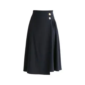 PAISIE Wrap Midi Skirt With Pleated Detail In Navy - Blue