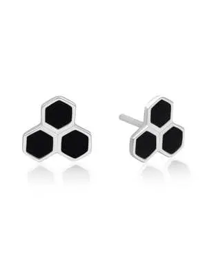 THE JEWELZ Black / Silver Triple Hexagon Black Enamel Stud Earrings - Black/silver