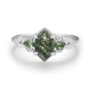 AZURA JEWELRY NEW YORK Gardenia Moss Agate Ring White Gold Vermeil - Silver
