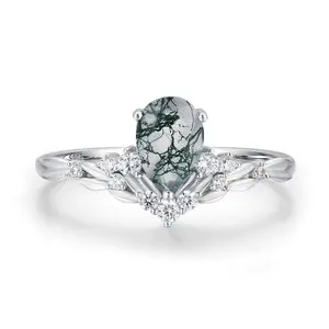 AZURA JEWELRY NEW YORK Angelique Tulip Moss Agate Ring White Gold Vermeil - Silver