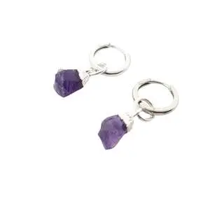 HARFI Raw Amethyst February Birthstone Sterling Huggies - Silver