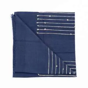 STUDIO VARIOUSLY Rosewood Indigo With Hand Knotted Stripes Handloom Merino Throw - Blue