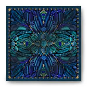 EMILY CARTER Blue / Gold The Peacock Feather Silk Pocket Square - Blue/gold