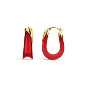 GOLD & HONEY Gold / Red Ruby Sculpted U Lucite Birthstone Hoop Earrings - Gold/red