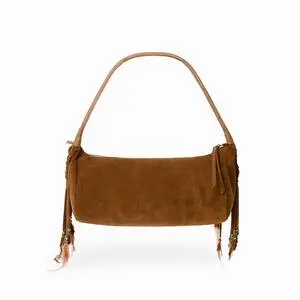 JUAN-JO Suede Bag- Baguette Fringes And Feathers - Brown