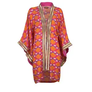 LALIPOP DESIGN Multi-color Abstract Viscose Kimono Embellished With Golden Embroidery Details - Yellow