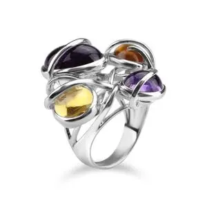 BELLUS DOMINA White Gold Plated Citrine & Amethyst Cocktail Ring - Silver/purple