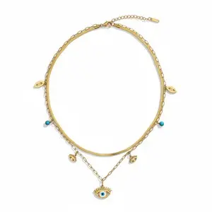 VICKY&NICO Gold / Blue Evil Eye Double Layer Necklace Turquoise - Gold/blue
