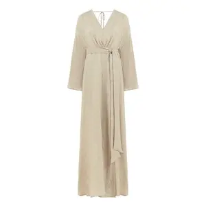 LILAMIE Neutrals Larissa Loose Fit V Neckline Long Summer Dress - Beige