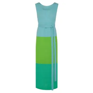 INGMARSON Blue / Green Colour Block Belted Slit Dress Green & Blue