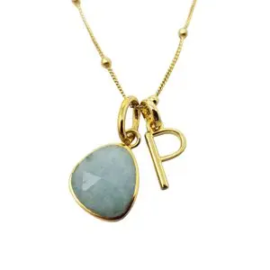 HARFI Blue / Gold Gold Vermeil Plated Blue Aquamarine Gemstone Initial Charm Necklace - Blue/gold