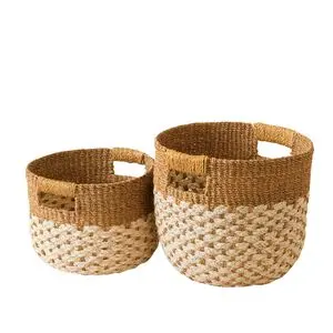 Likhâ Neutrals Golden Brown Round Baskets Set Of Two Handcrafted Bins - Brown/yellow