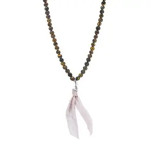 ANCHOR & CREW Tigers Eye Luke Silver, Stone & Cotton Voile Skinny Necklace X Wrap Bracelet - Brown