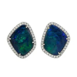 ARTISAN White / Blue Opal & Diamond Halo Stud Earrings In 18k White Gold - White/blue