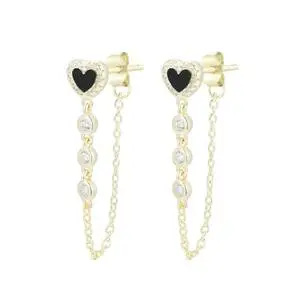 KAMARIA Heart Chain Stud Earrings With Crystals Onyx - Black
