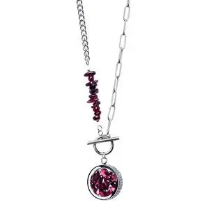 MY LITTLE NATURE Silver / Red Garnet Birthstone Necklace With Beaded Chain And Charm Toggle Necklace - Silver/red