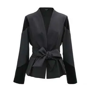 SMART AND JOY Bi-material Blazer And Knotted Belt