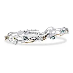 ISLA SILVER Silver / Gold / Blue Handmade Riviera Blue Topaz & Pearl Hinged Bracelet - Silver/gold/blue