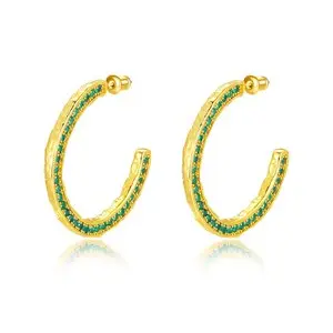 CLASSICHARMS Gold / Green Gold Zirconia Molten C-hoop Earrings - Gold/green
