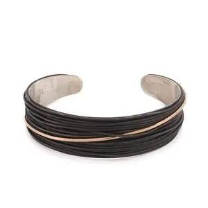 EBRU JEWELRY Gold / Black / Silver Handcrafted Sterling Silver & Leather ’s Cuff Bracelet Black - Gold/black/silver
