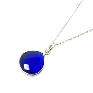 HARFI Blue / Silver Sapphire September Birthstone Shiny Sterling Silver Charm Necklace - Blue/silver