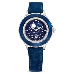 SWAROVSKI Octea Moon Phase Watch With Crystal Bezel And Leather Strap - Blue