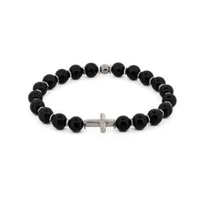 EBRU JEWELRY Black / Silver Sterling Silver Cross Black Onyx Beaded Bracelet Black - Black/silver