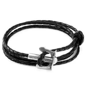ANCHOR & CREW Black / Silver Coal Black Union Anchor Silver & Braided Leather Bracelet - Black/silver