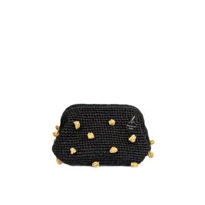 SPRINGMOONATELIER Pompom Raffia Clucht Handbag - Black