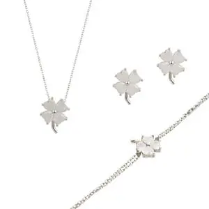 SPERO LONDON Best Of Luck Four Leaves Clover Sterling Bracelet Necklace & Stud Earring Set White - Silver