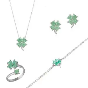 SPERO LONDON Best Of Luck Four Leaves Clover Sterling Bracelet Necklace Ring & Stud Earring Full Set - Silver