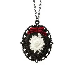 POPORCELAIN Red / White / Black Dark Romance Porcelain Rose Cameo Necklace - Red/white/black