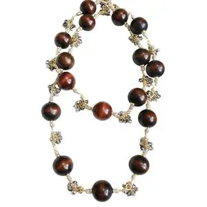 TAYLOR REESE Gold / Grey / Brown Wood + Crystal Long Beaded Necklace - Gold/grey/brown