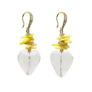 FARRA White Quartz Heart And Bamboo Coral Earrings - Yellow