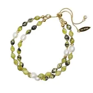 FARRA Gemstone With White Pearls Double Layers Slider Bracelet - Green
