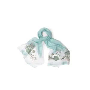 Saachi Floral Embroidered Silk Aqua Scarf - Blue