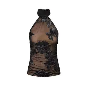 AMY LYNN Priya Floral Mesh Halter Top - Black