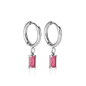 EVER JEWELLERY Pink / Silver Luxe Silver Pink Drop Huggie Earrings - Pink/silver