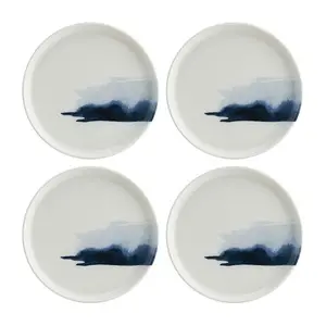 Turgla Home Blue / White Blue Wave Round Decorated Porcelain Plate Set Of Four - Blue/white