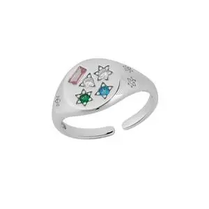 SPERO LONDON Kaleidoscope Gemstone Multicolour Round Sterling Adjustable Signet Ring - Silver
