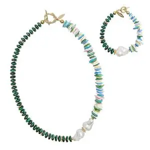 FARRA Malachite With Colorful Shell Baroque Pearl Necklace And Bracelet Set - Green