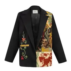 RONDOOZ Narrative Panel Gobelin Hand Painted Crepe Gobelin Blazer With Antique Tapestry - Black