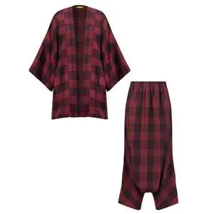 EMANMOON Plaid Cardigan And Harem Pants Set