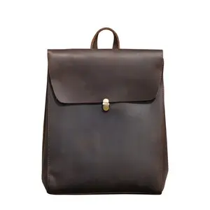 TOURI Handmade Worn Look Genuine Leather Slim Backpack - Brown