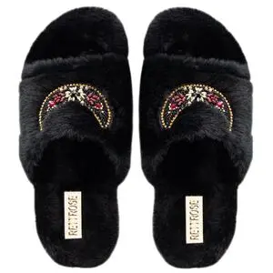 RETTROSE Paisley Luxury Plush Diamanté Embellished Handmade Slipper - Black