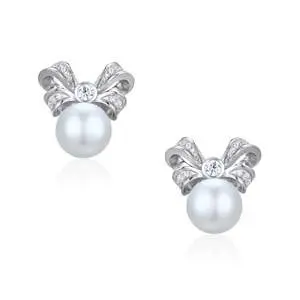 SANTINNI Viscountess Bow & Pearl Earrings With Crystals - Silver