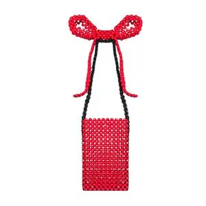 TILLIE BEADS Black / Red Red Bow Black String Hand Beaded Fancy Bag - Black/red