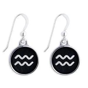 N'DAMUS LONDON Silver / Black Zodiac Aquarius Black Leather & Silver Earrings - Silver/black