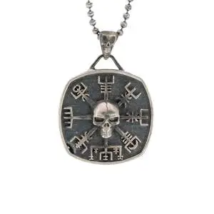 EBRU JEWELRY Norse Viking Vegvisir Protection Symbols & Skull Pendant Sterling Necklace - Silver